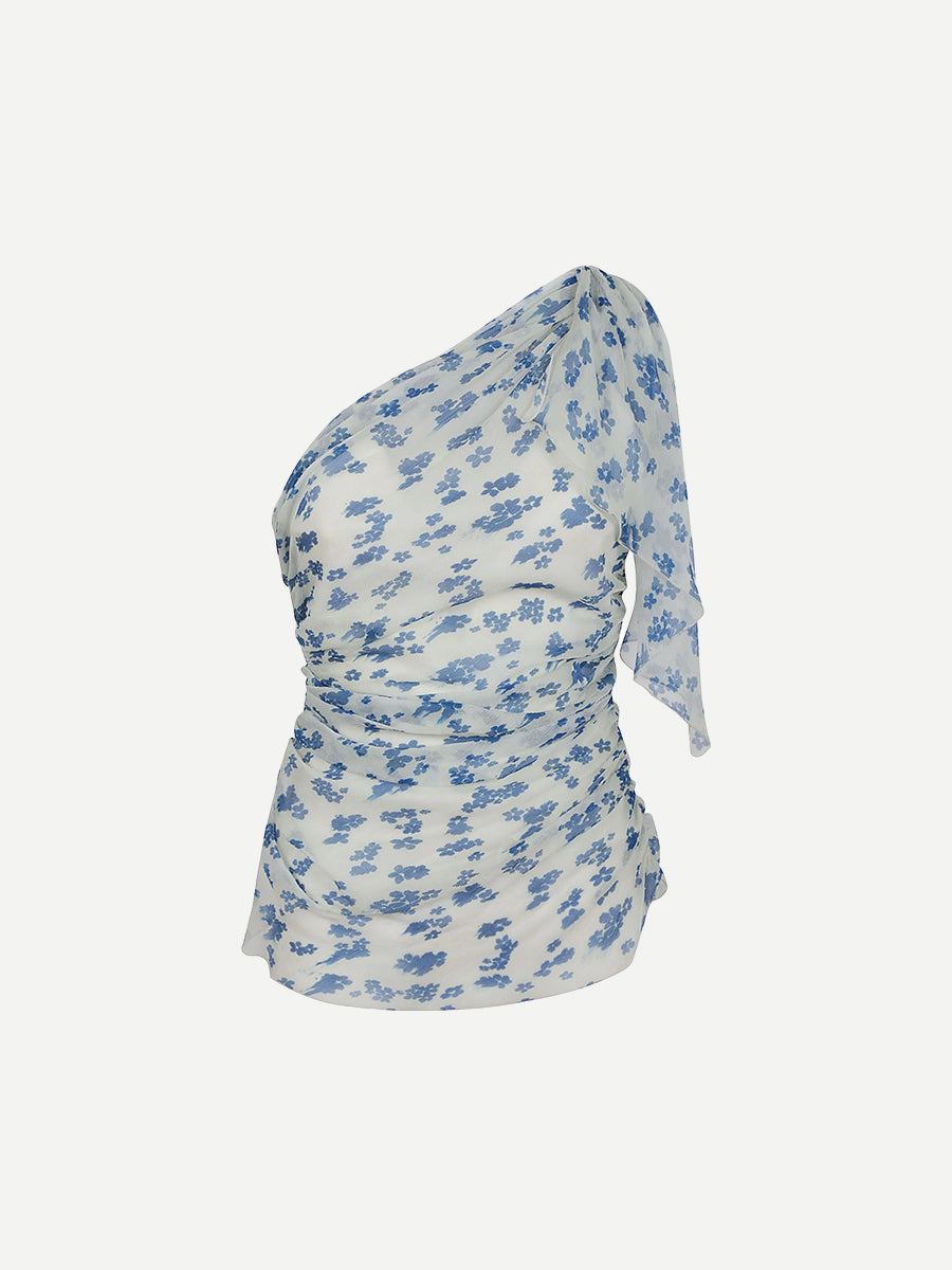 One Shoulder Draped Top in Cloud/Blue
