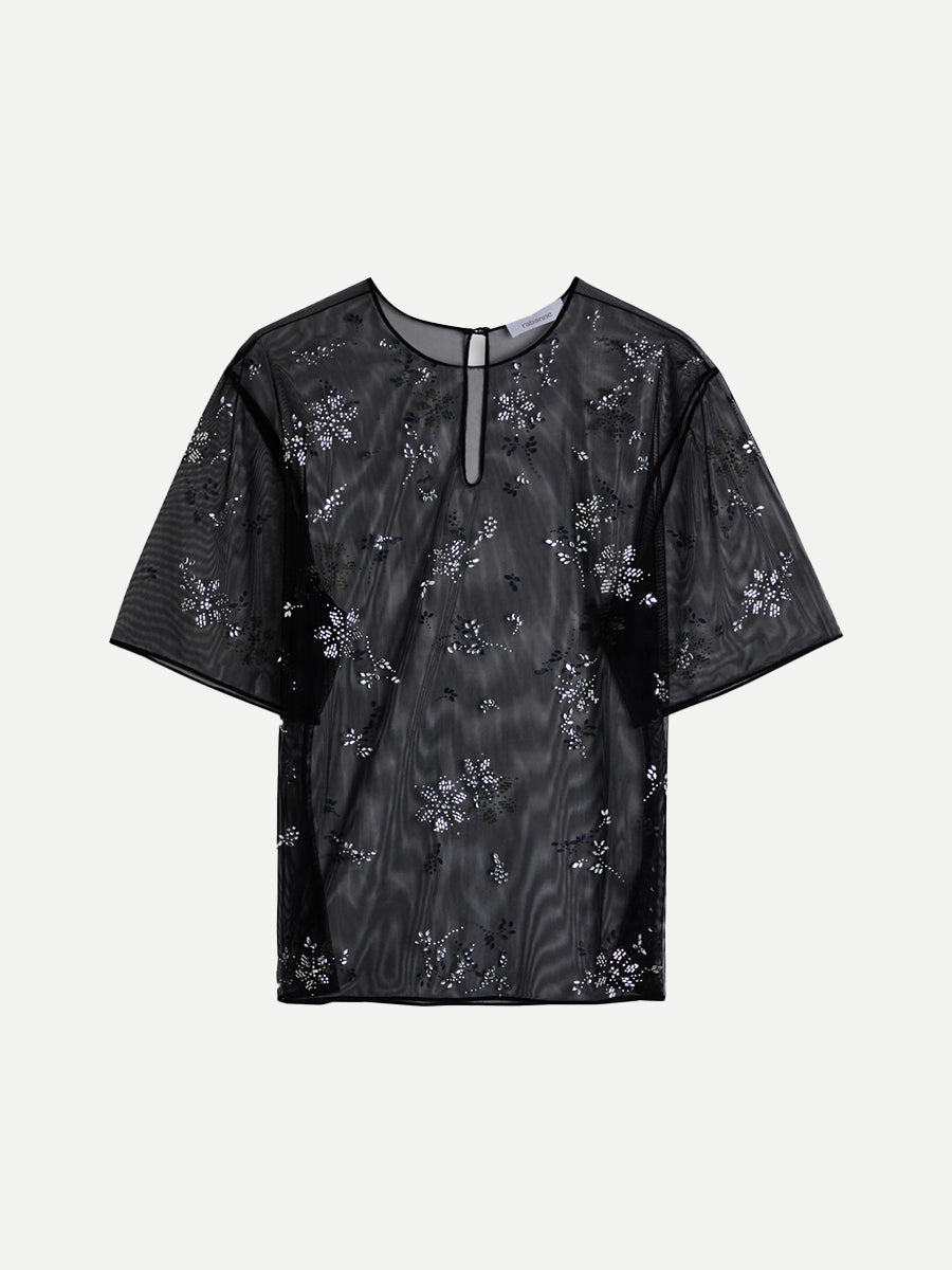 Embellished Floral Sheer Top in Black
