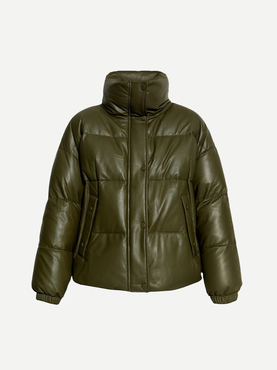 Padded Leather Down Jacket in Army Green